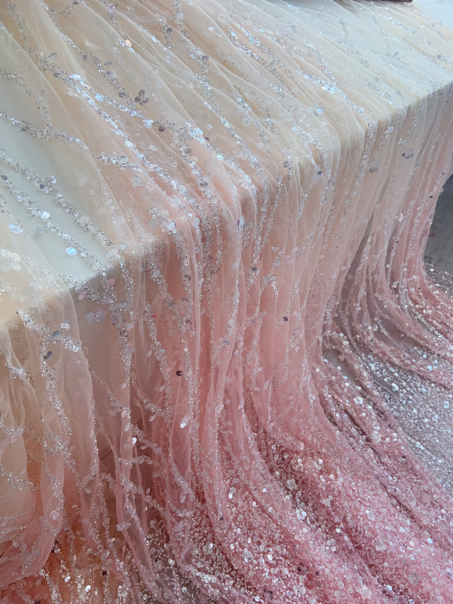 Peach Beige Ombré Bead Tulle Lace Fabric for Bridal Dress, Sequined ...