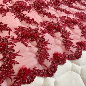 French Wine Red Lace Fabric With 3D Flowers, Heavy Embroidered Lace ...