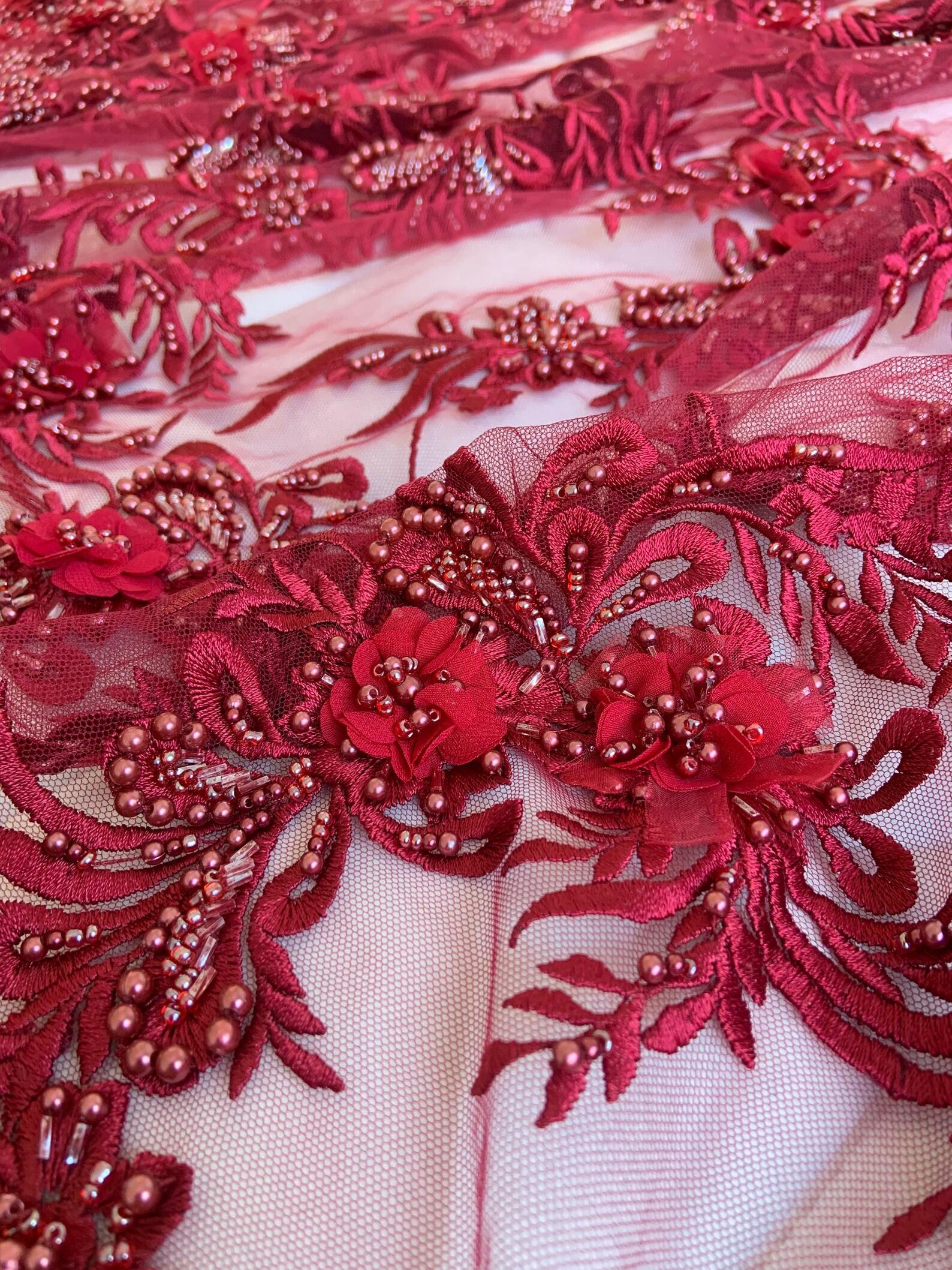 French Wine Red Lace Fabric With 3D Flowers Heavy Embroidered - Etsy