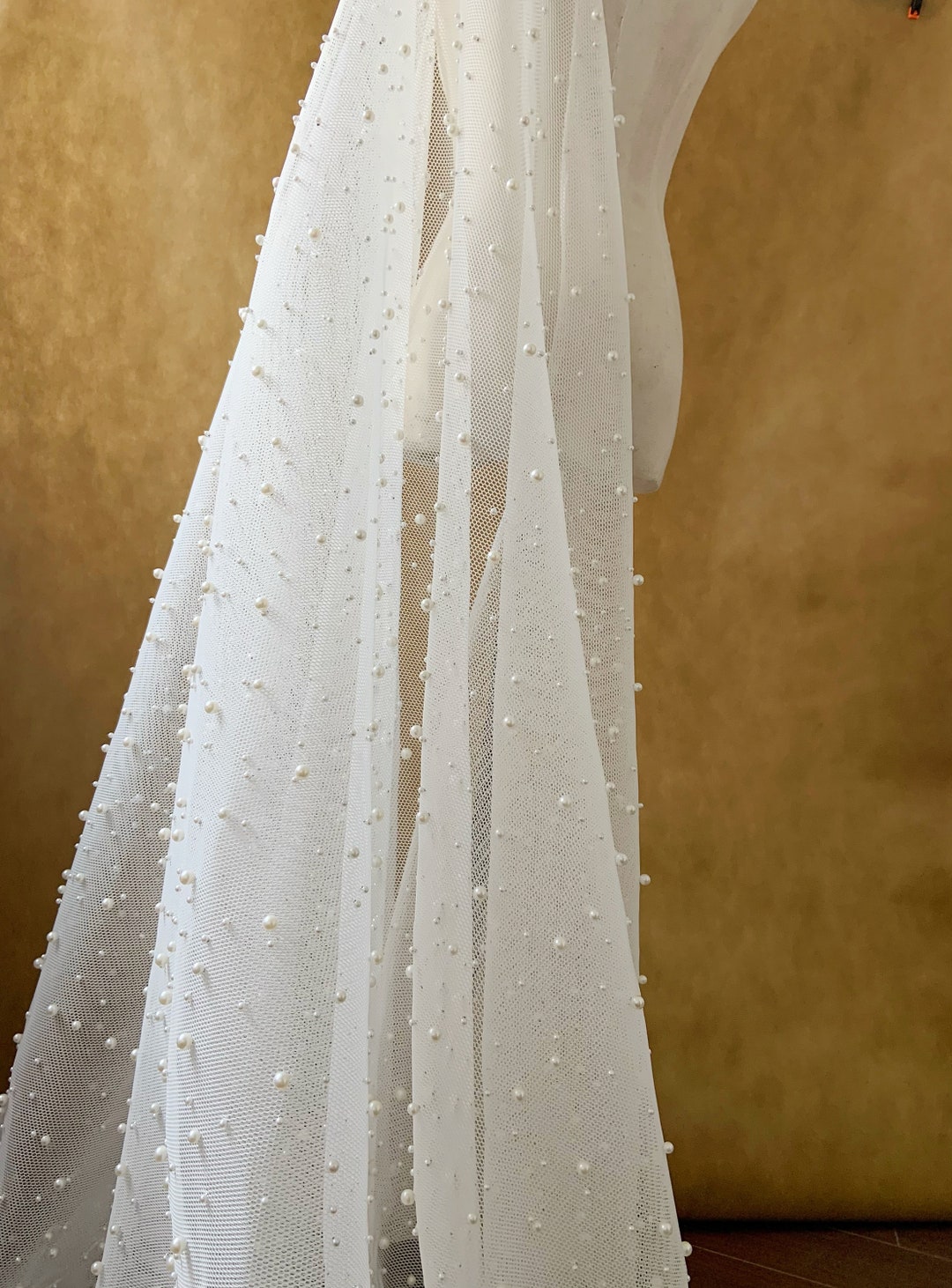 Off White Mesh Fabric With Pearls, Pearl Bead Net Fabric for Couture ...