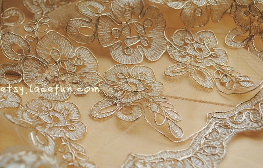 Gold Alencon Lace Fabric, Cord Lace Fabric, Golden Vintage Style Lace ...