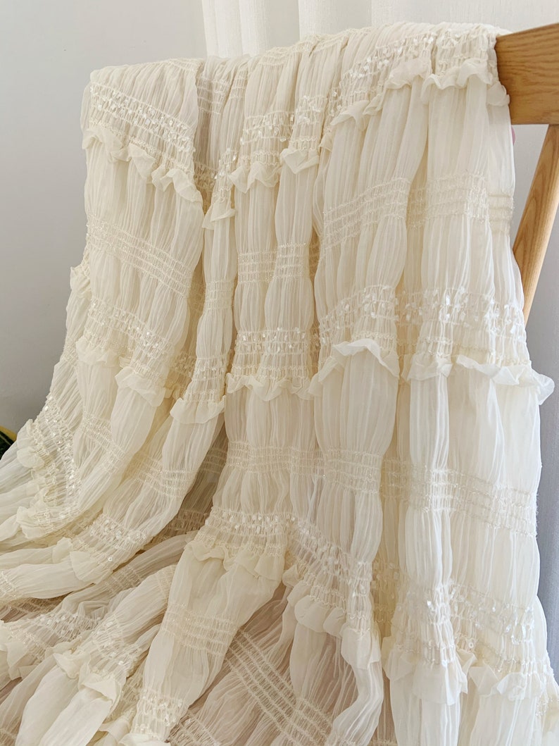 Ivory Ruffled Chiffon Fabric: Vintage Royal Style, Sparkling Thread ...