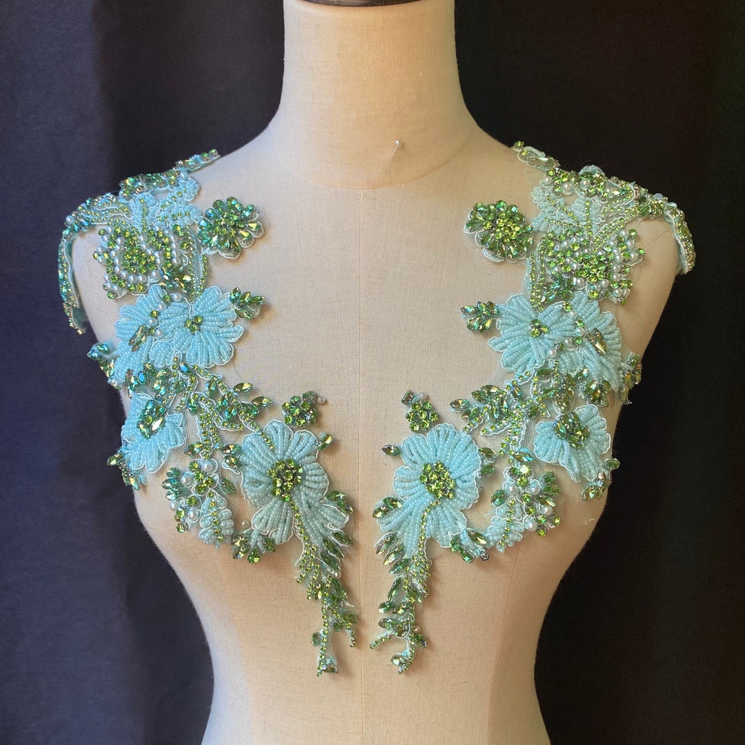 Mint Handcrafted Bead Applique, French Bead Bodice Patch, Heavy Bead ...
