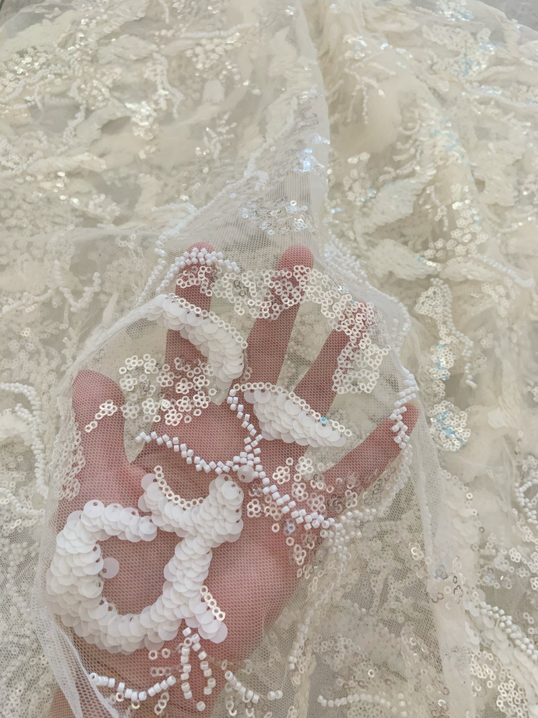 Ivory Beige Bead Lace Fabric With 3d Florals, Clouds, Sequined Tulle ...