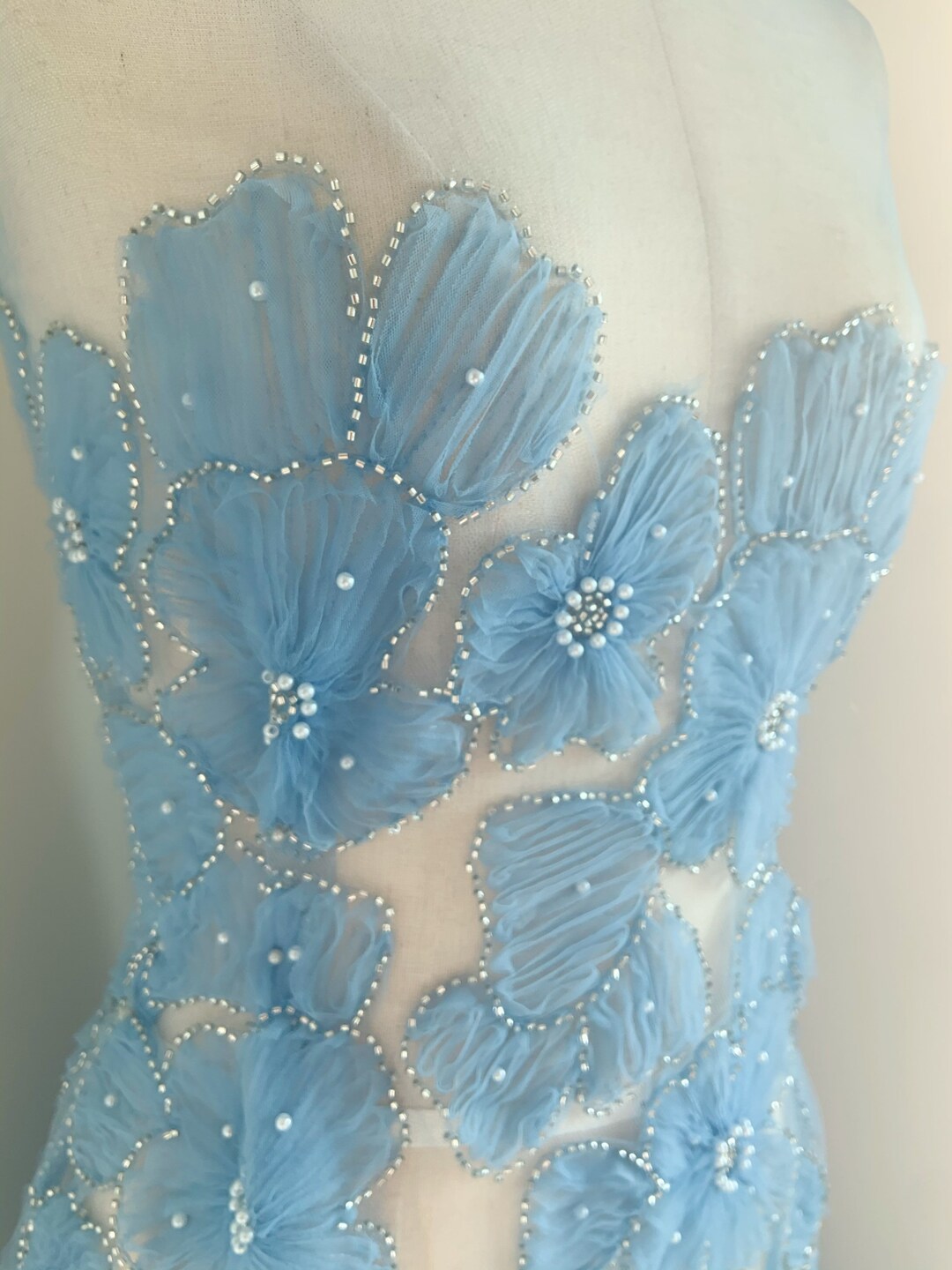 Blue 3d Embroidered Flowers for Couture, Bridal Dress, French Tulle ...