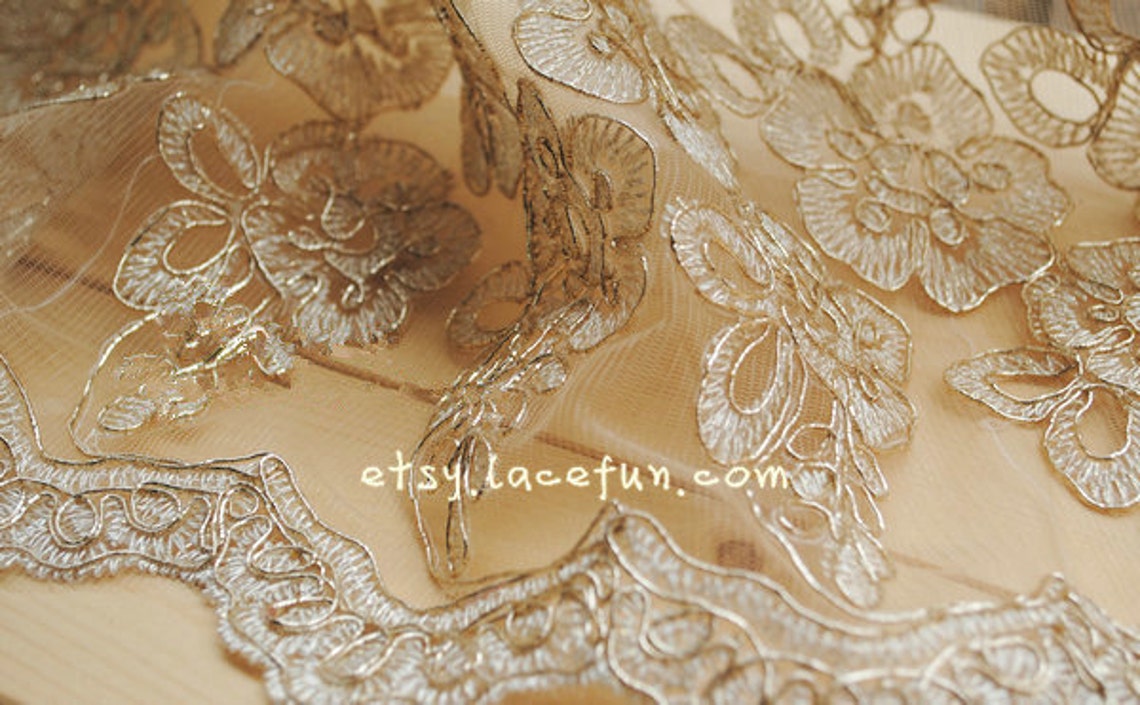 Gold Alencon Lace Fabric, Cord Lace Fabric, Golden Vintage Style Lace ...