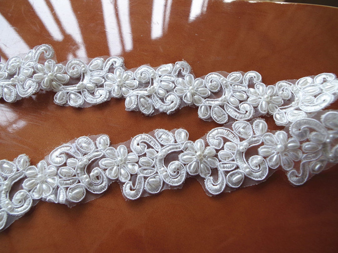Pearl Beaded Lace Trim, Sequined Bridal Trim Lace, Ivory Cord Lace Trim ...