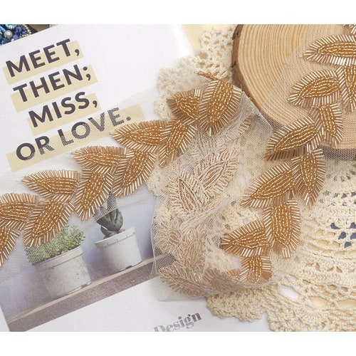 1.7 Yards Rose Gold Heavy Bead Trim With Leaves Bugle Bead - Etsy