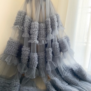 Puffy Dust Blue Ruffle Fabric for Cake Dress, Soft Tulle Ruffles Fabric ...
