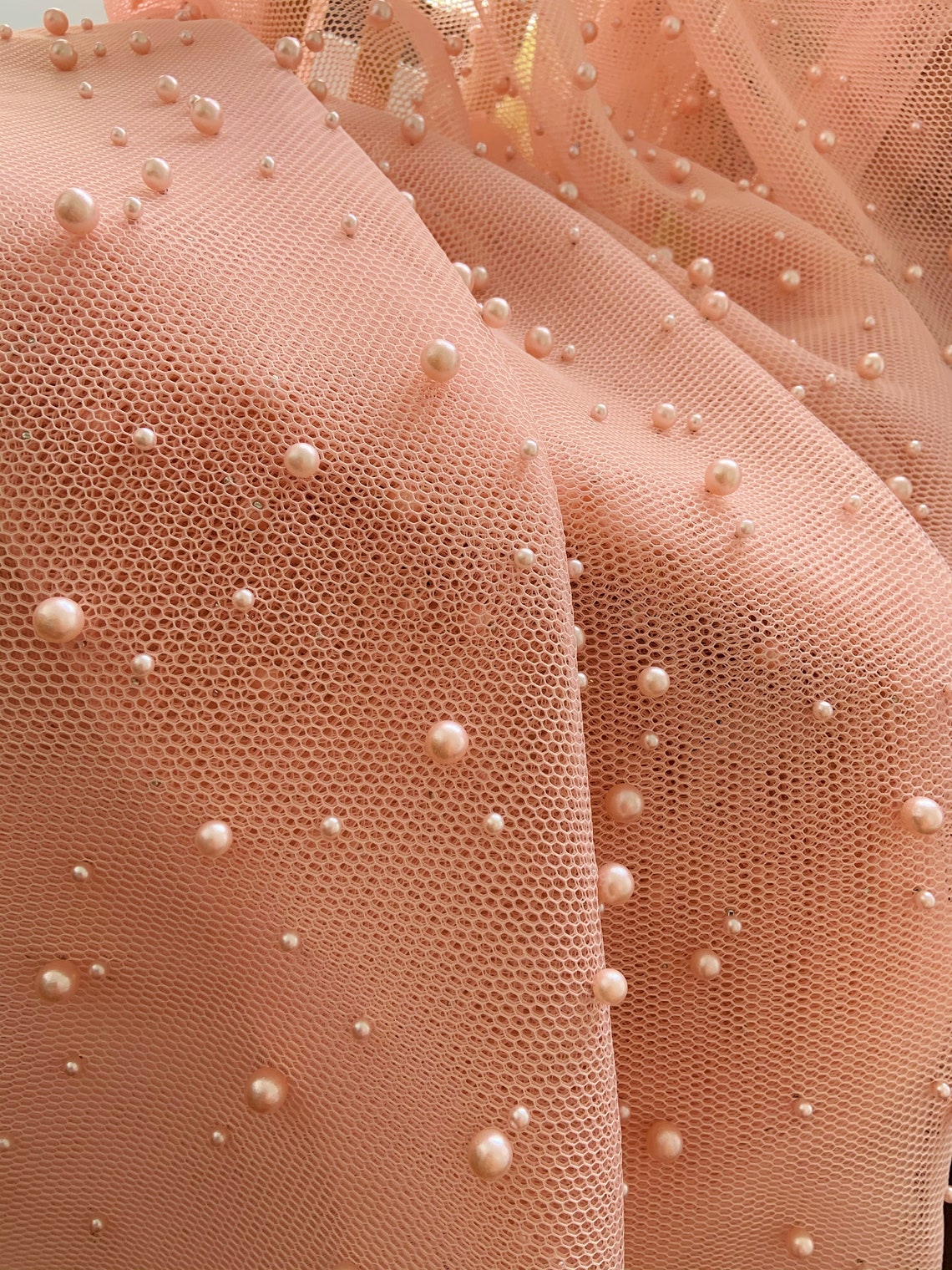 Pink Mesh Fabric With Pink Pearls Pearl Bead Net Fabric for - Etsy
