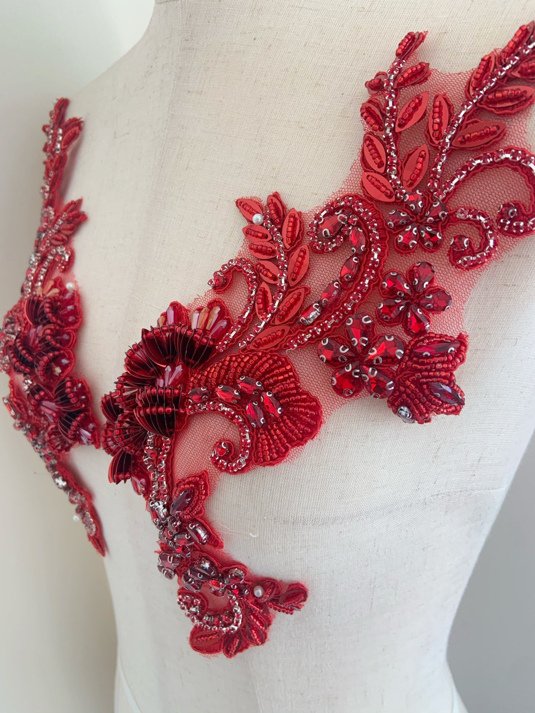 Red Rhinestone Applique With 3d Florals for Couture, Crystal Bodice ...