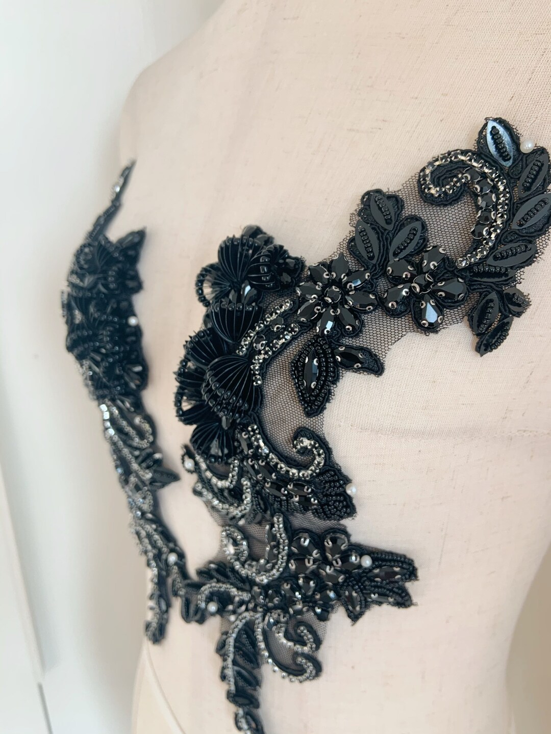 Black Rhinestone Applique With 3d Florals for Couture, Crystal Bodice ...