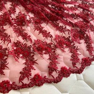 French Wine Red Lace Fabric With 3D Flowers, Heavy Embroidered Lace ...