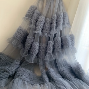 Puffy Dust Blue Ruffle Fabric for Cake Dress, Soft Tulle Ruffles Fabric ...