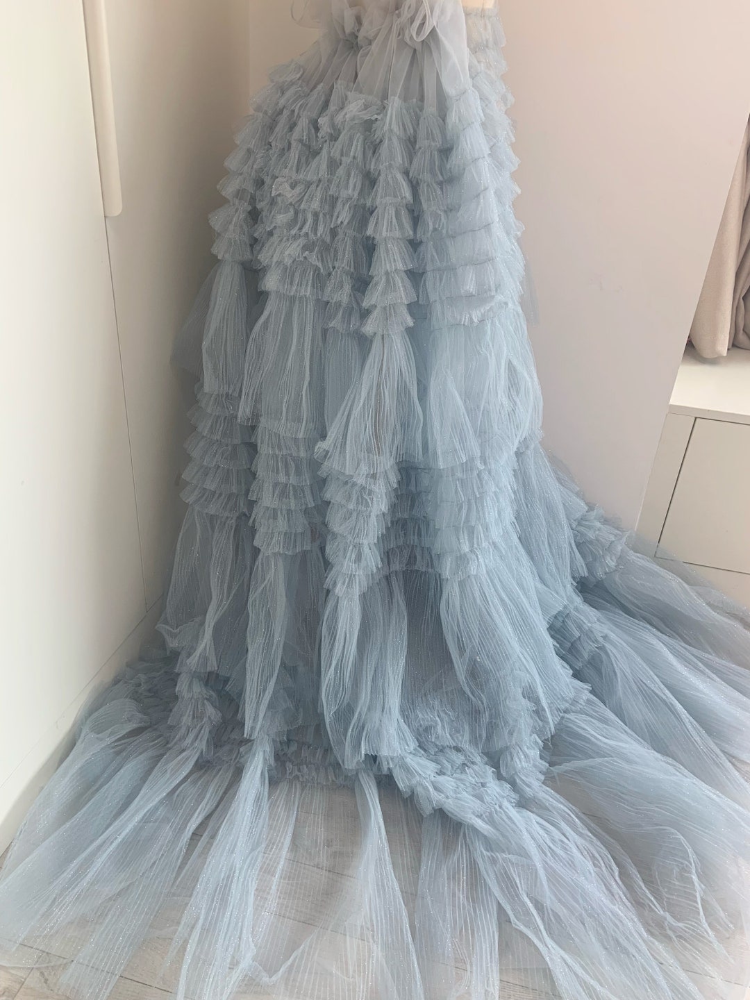 Pale Blue Ruffle Fabric With Shimmer for Cake Dress, Ruffles Fabric for ...