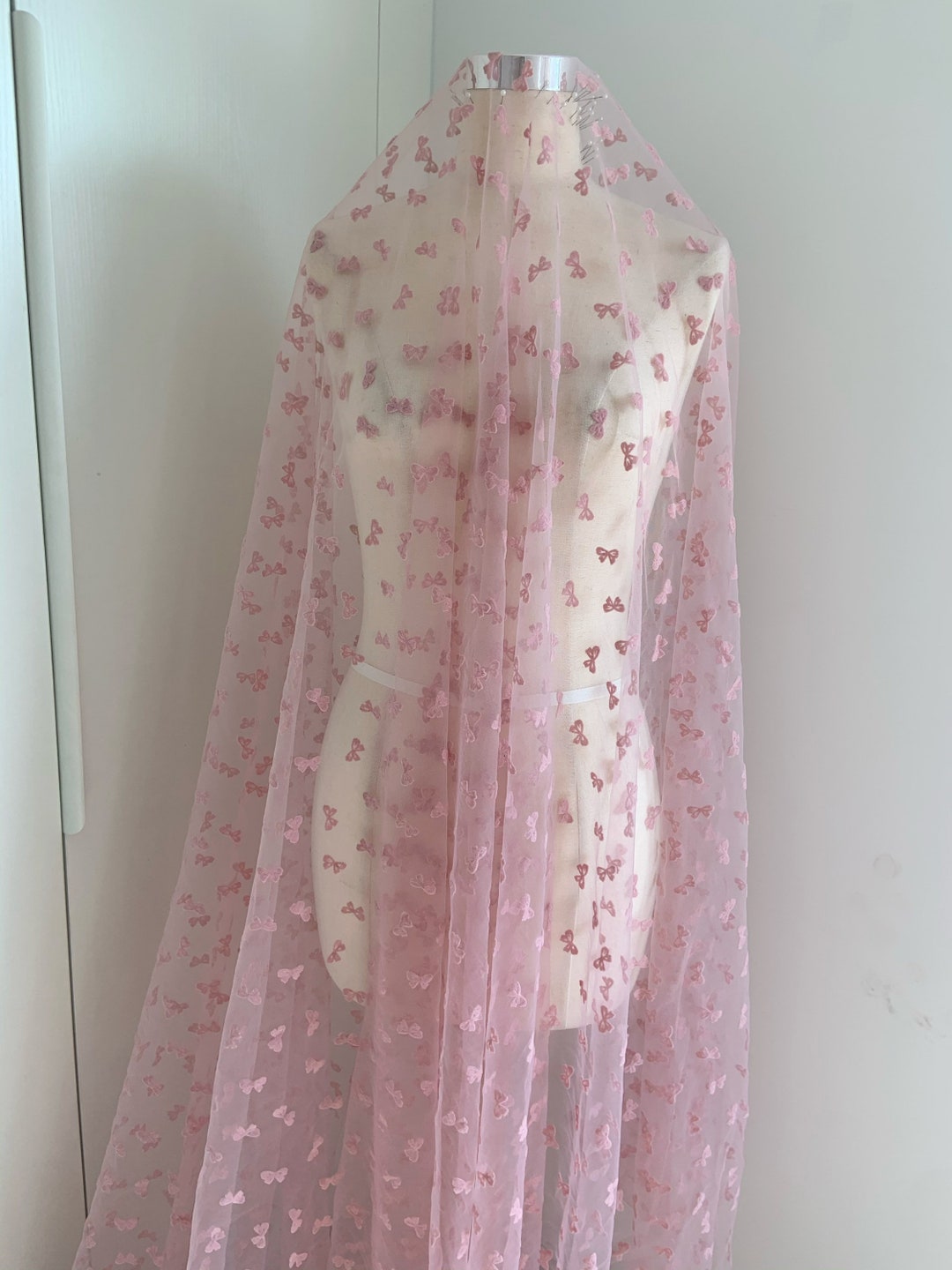 Dust Pink Tulle Lace Fabric With Velvet Bows, Soft Tulle Mesh Fabric ...