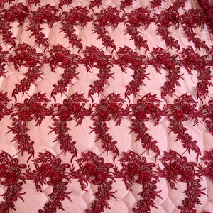French Wine Red Lace Fabric With 3D Flowers, Heavy Embroidered Lace ...