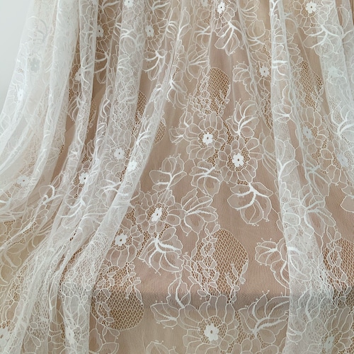 Off White Chantilly Lace Fabric With Sequins Bridal Lace - Etsy