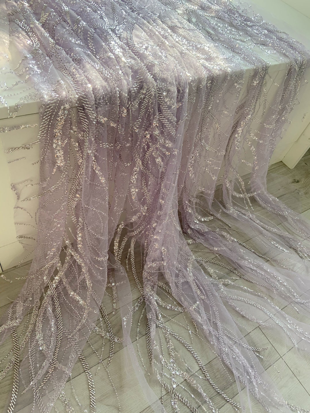 Light Purple Bead Tulle Lace Fabric for Bridal Dress, Beading and ...