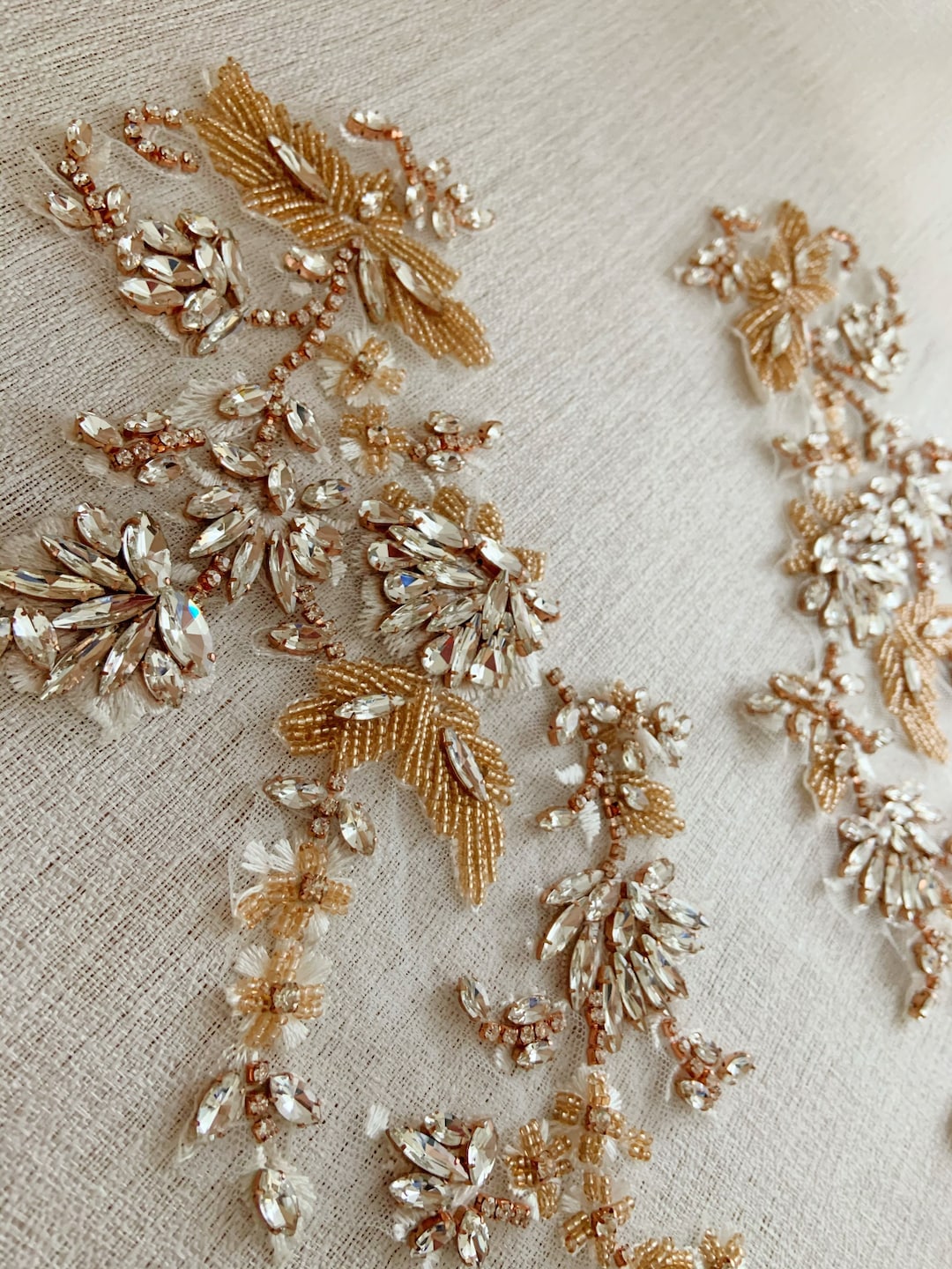 Rose Gold Rhinestone Bead Applique With 3D Flowers, Hand Crafted ...