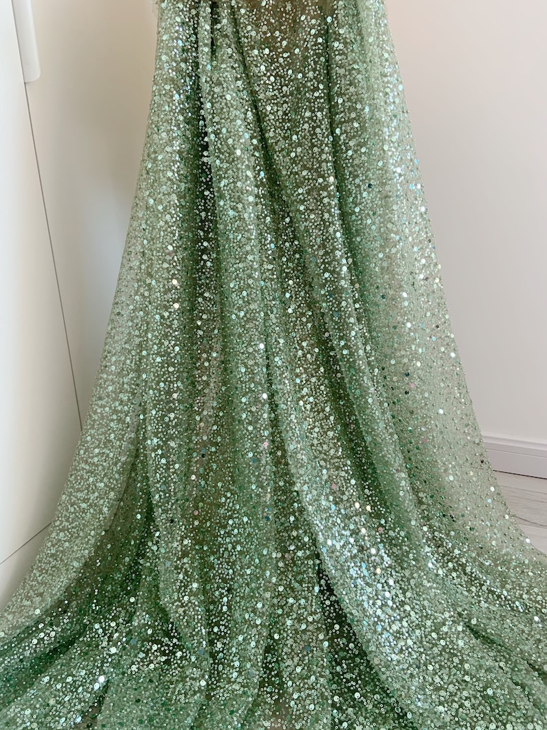 Light Green Bead Lace Fabric, Sparkle French Bead Lace Fabric With ...