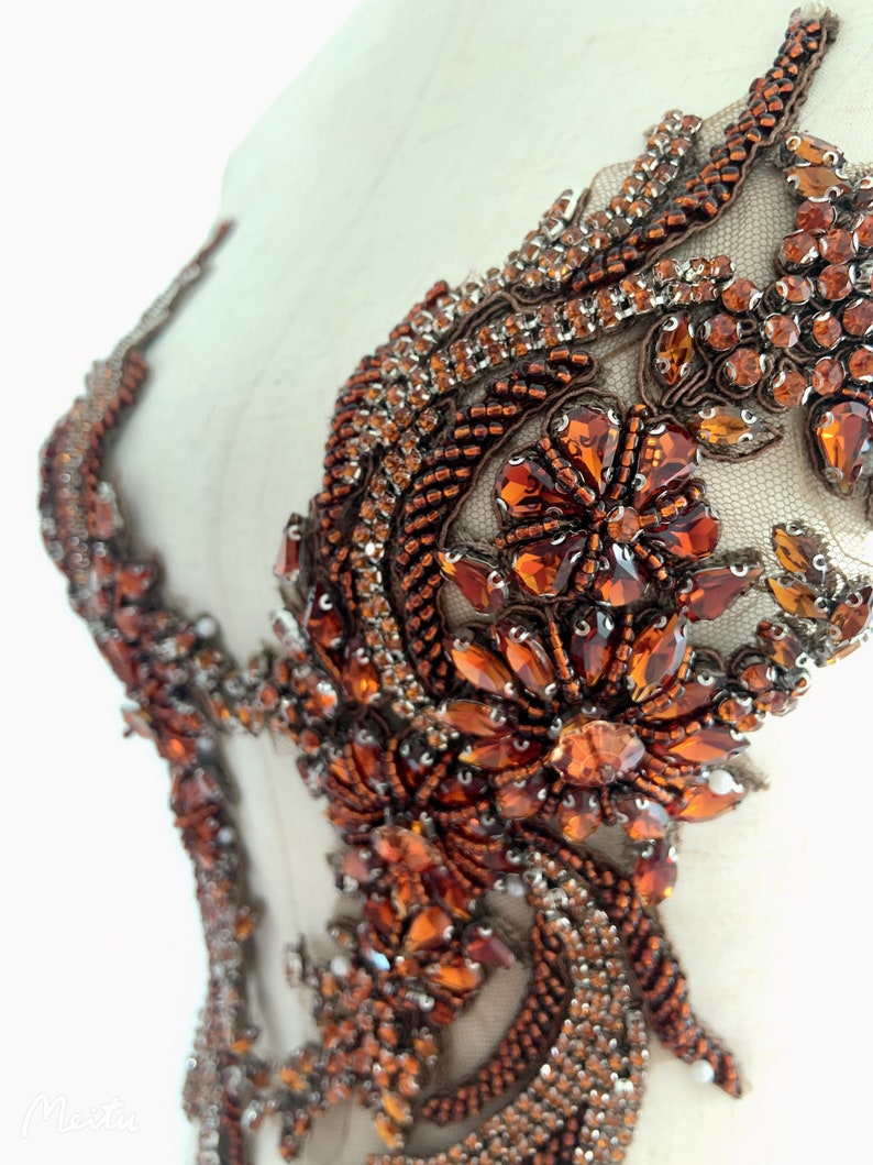 Brown French Bead Applique Crystal Bodice Patch Heavy - Etsy
