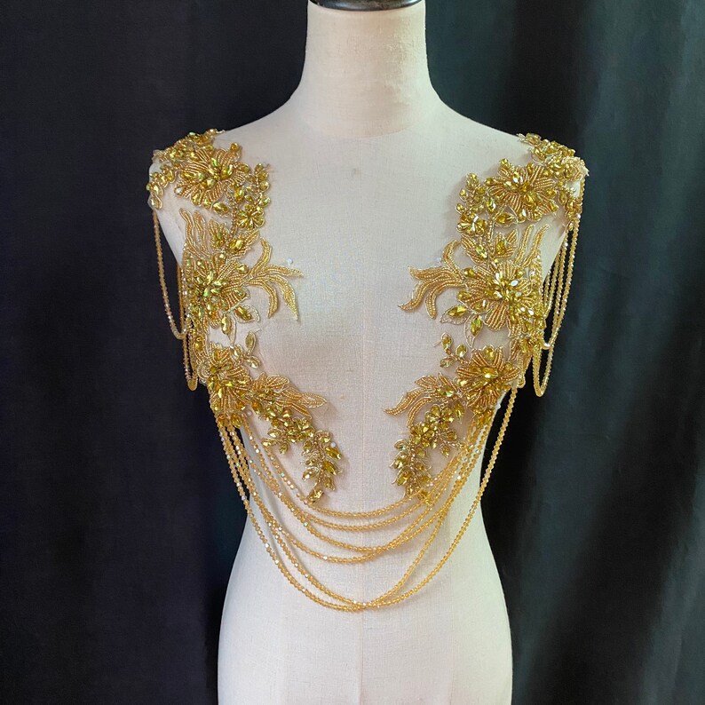 Gold Rhinestone Applique With Fringe and Chains for Dress - Etsy