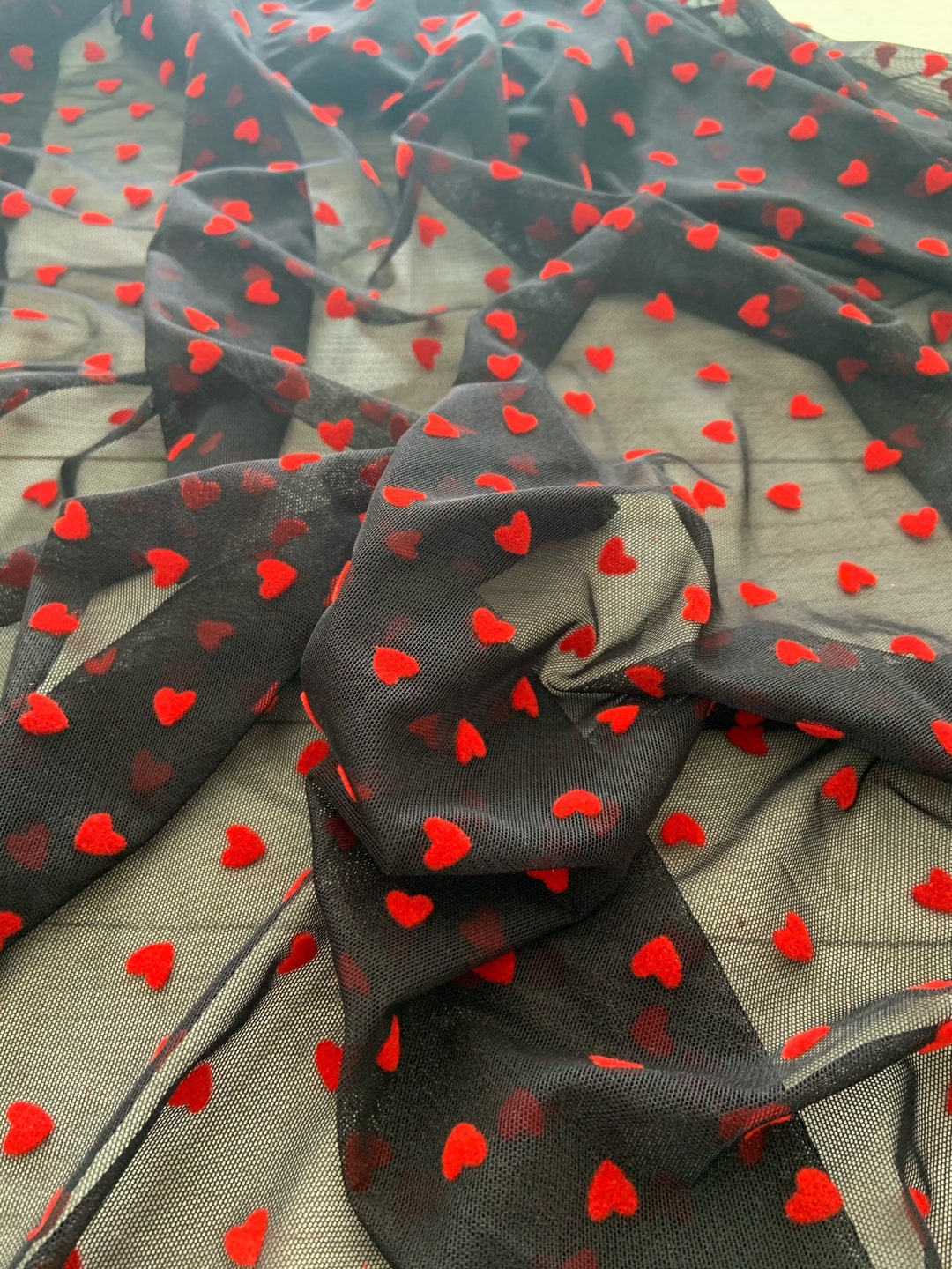 Black Stretch Mesh Fabric With Red Velvet Hearts, Black Power Mesh ...