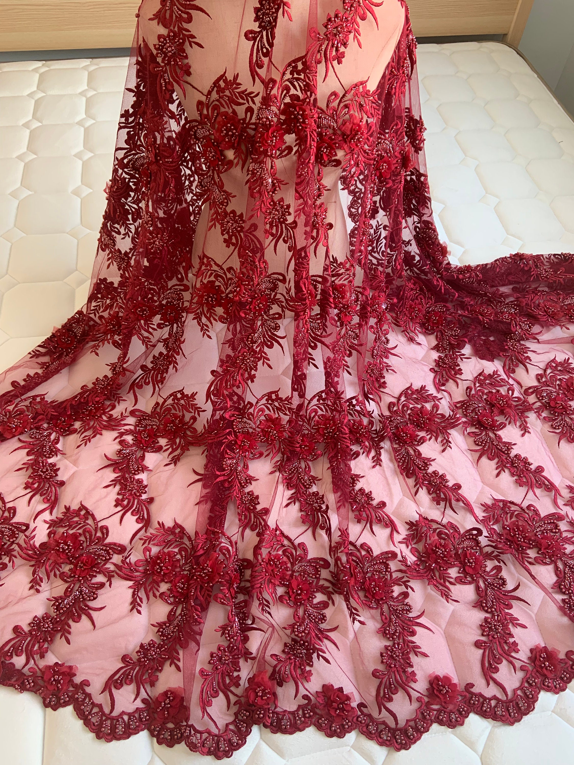 French wine red lace fabric with 3D flowers heavy embroidered | Etsy