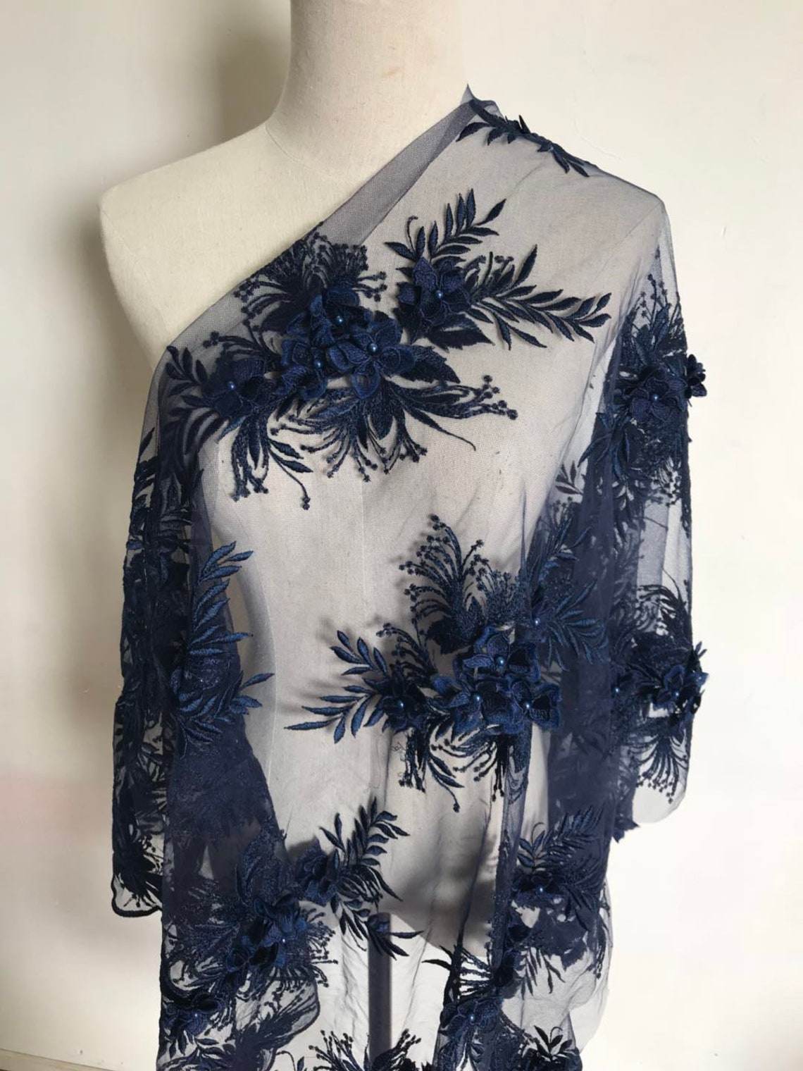 Navy Blue Lace Fabric With 3D Flowers Heavy Bead Lace Fabric - Etsy ...