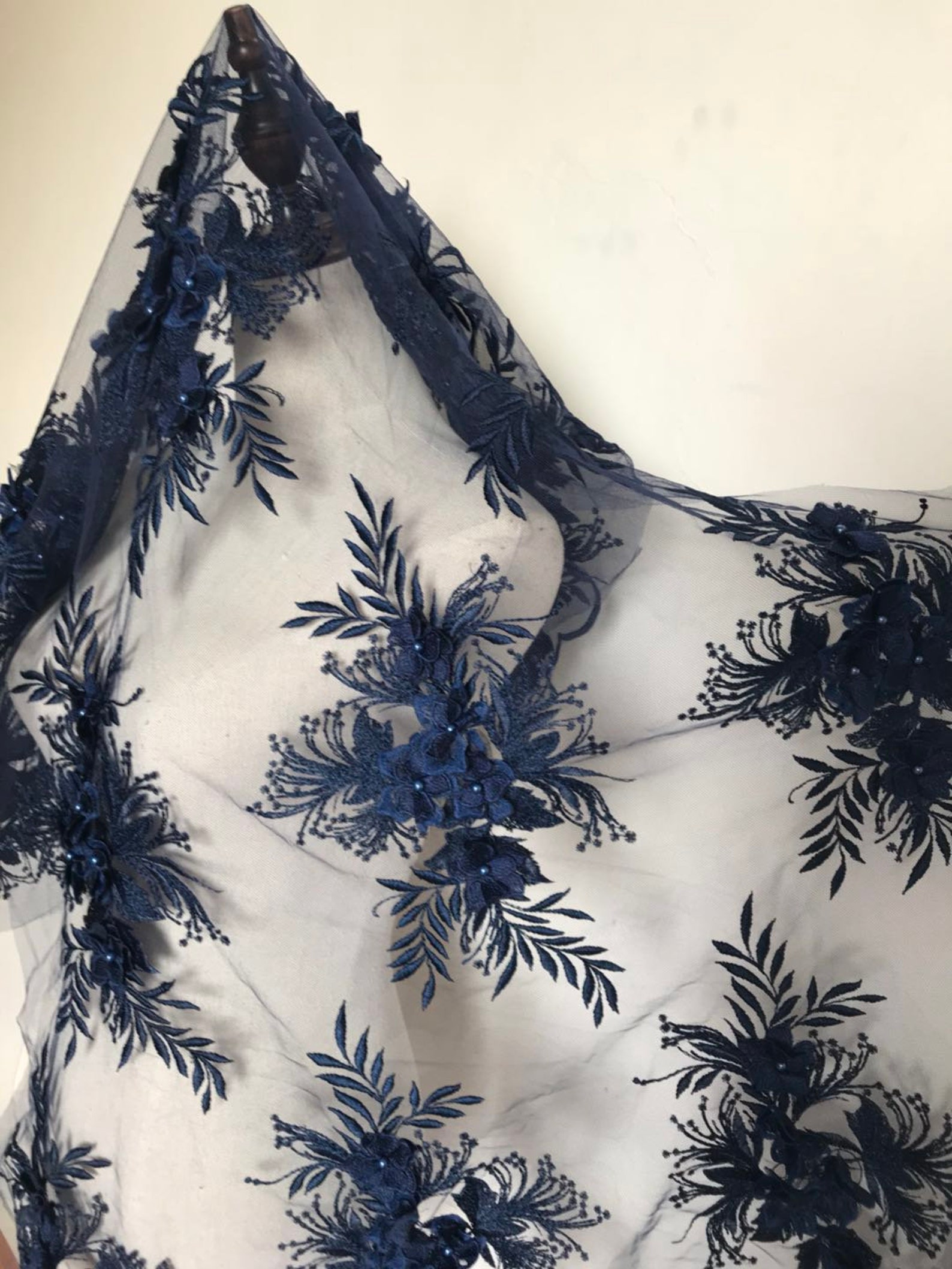Navy Blue Lace Fabric With 3D Flowers Heavy Bead Lace Fabric - Etsy ...