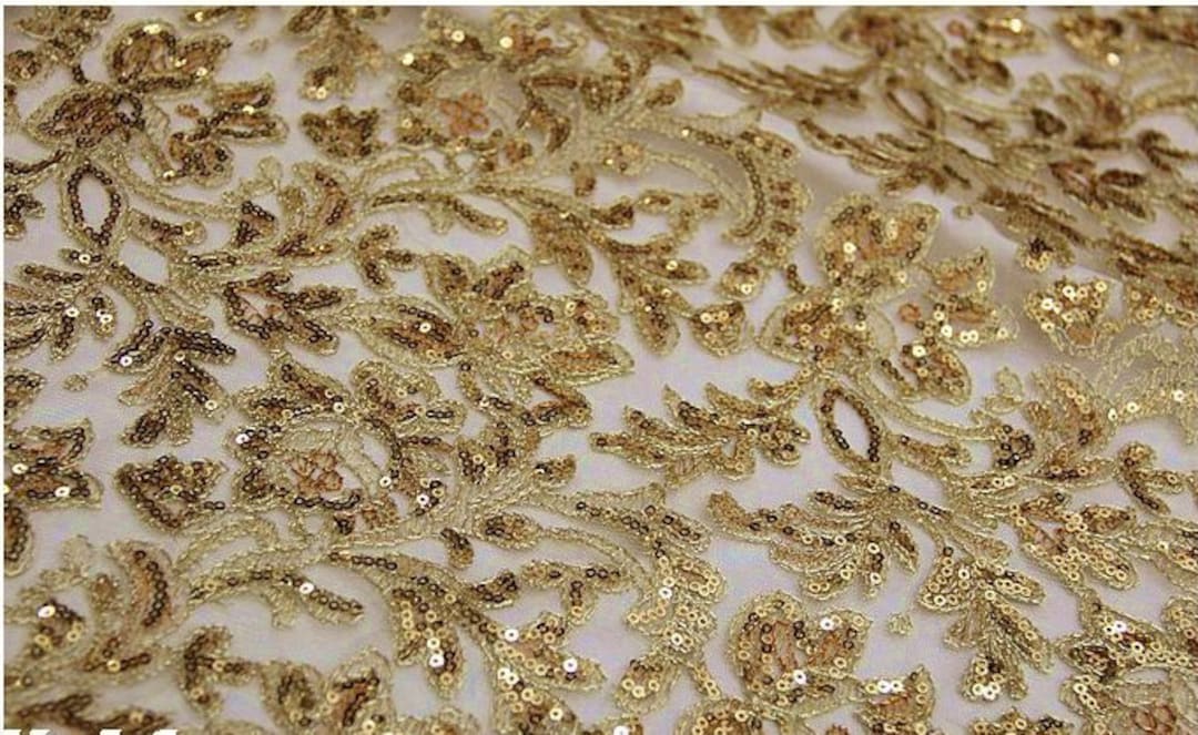 Gold Lace Fabric, Gold Sequined Lace Fabric, Retro Floral Lace Fabric ...