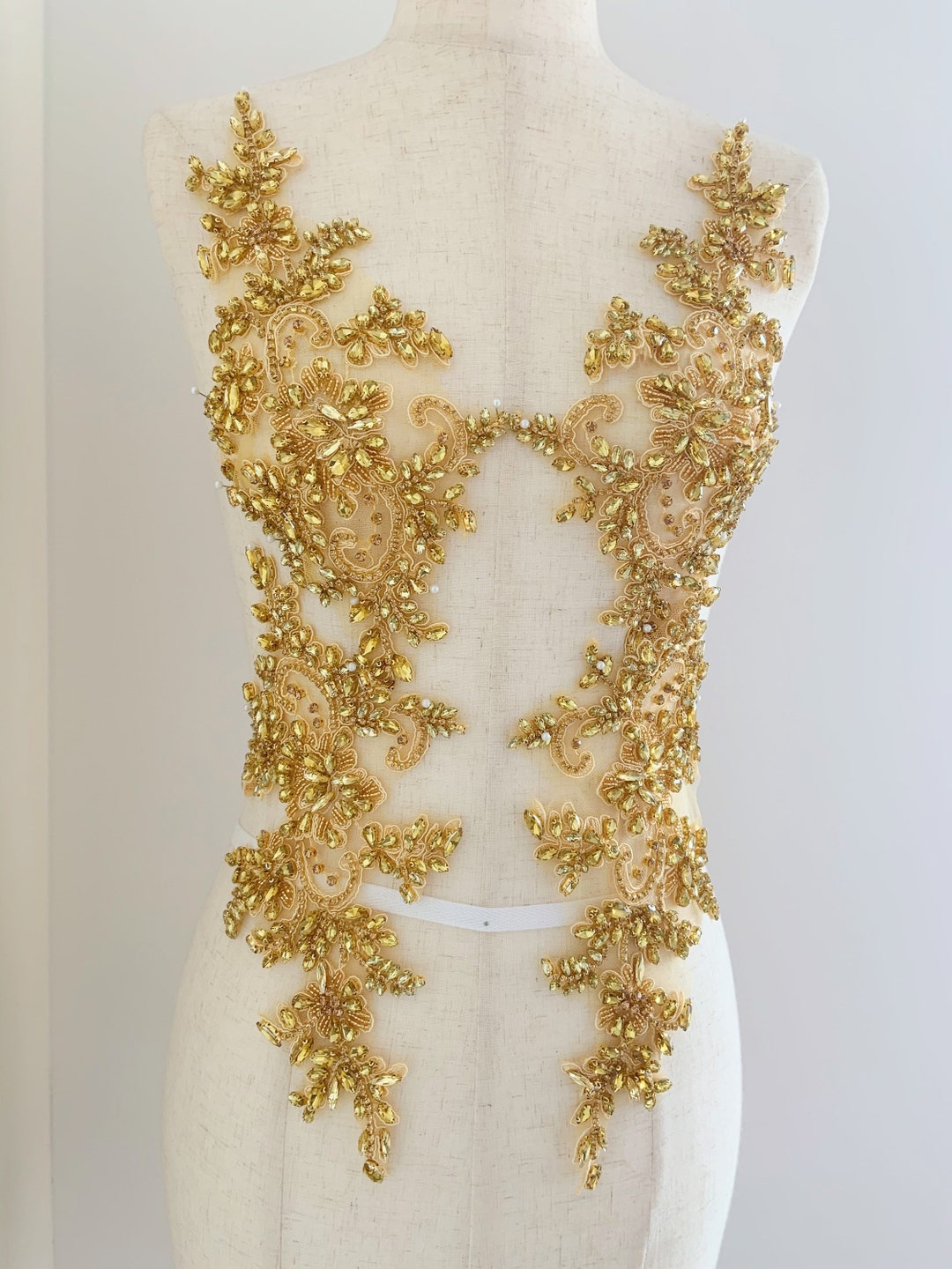 Gold Rhinestone Appliques With Florals, French Bodice Patch for Couture ...
