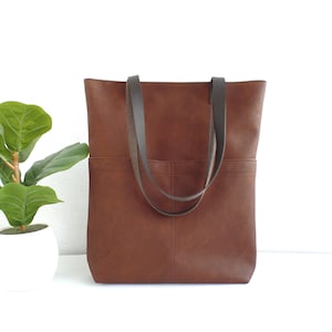 Exterior Pocket Vegan Leather Tote Bag, Leather Shoulder Bag With Two ...