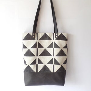 Geometry Print Tote Bag, Vegan Leather and Woven Cotton Bag, Triangle ...