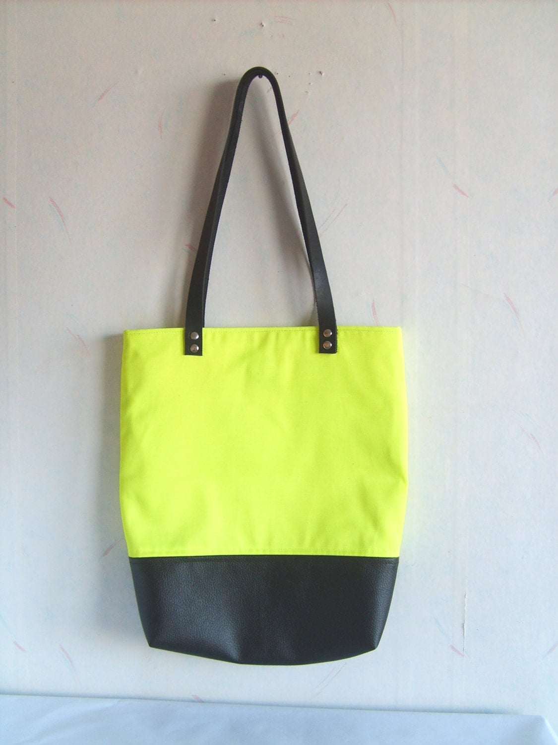 Neon Yellow Tote Bag Real Leather Handles Leather and Canvas - Etsy
