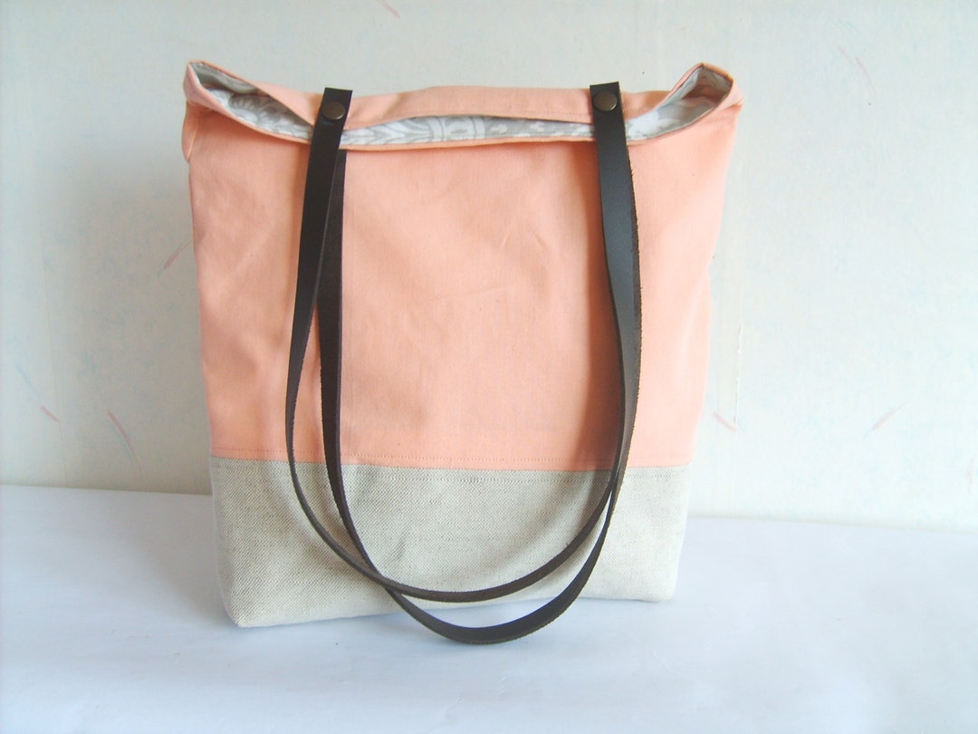 Peach Colorblock Tote Bag: Linen & Cotton With Leather Straps - Etsy