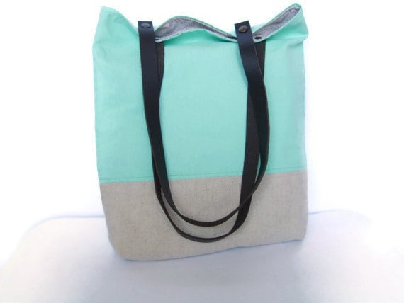 Mint Tote With Leather Straps Summer Mint Green Bag - Etsy