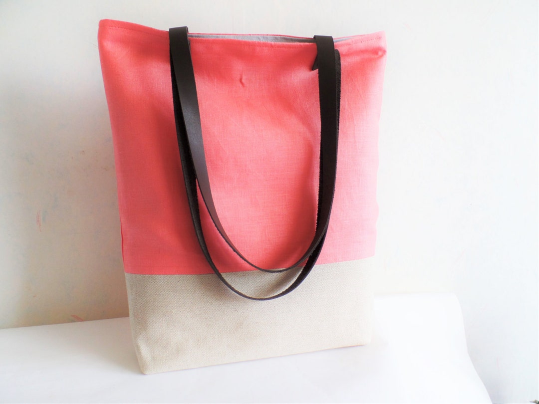 Beach Tote, Coral Pink Linen Tote Bag: Leather Handles, Color Block ...