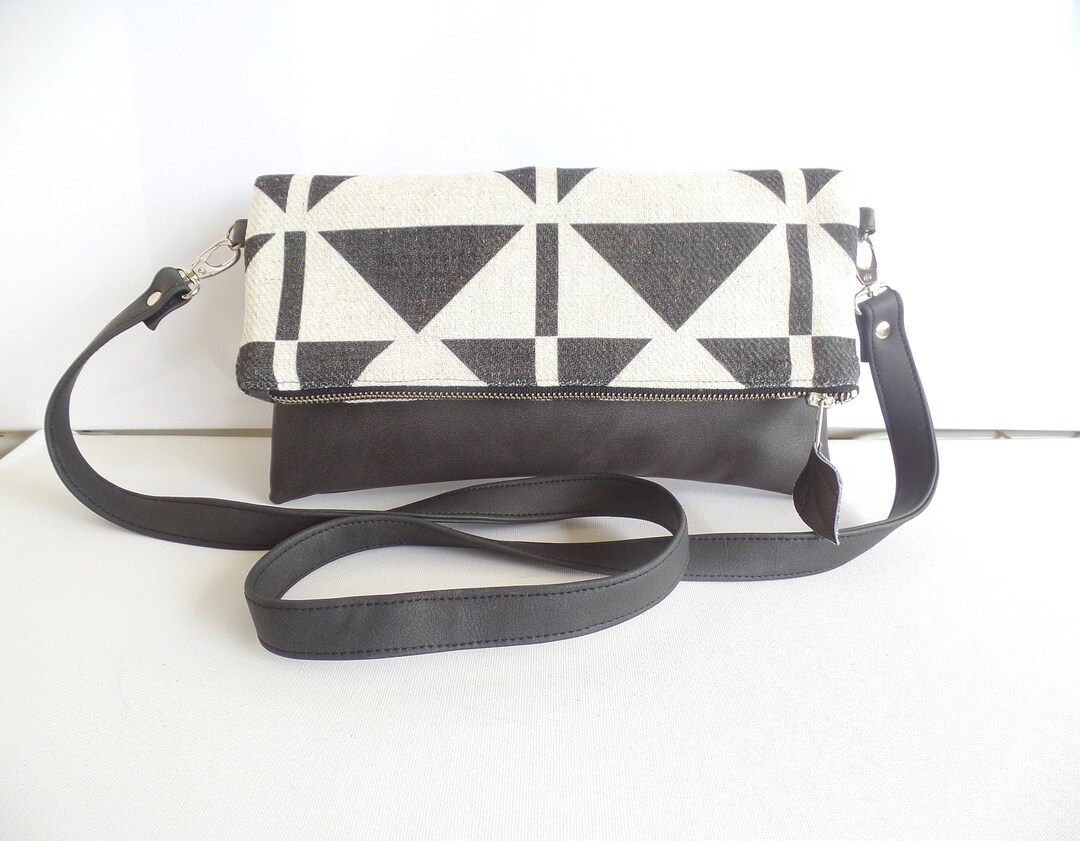 Leather and Woven Cotton Cross Body Bag, Triangle Print Geometric Cross ...