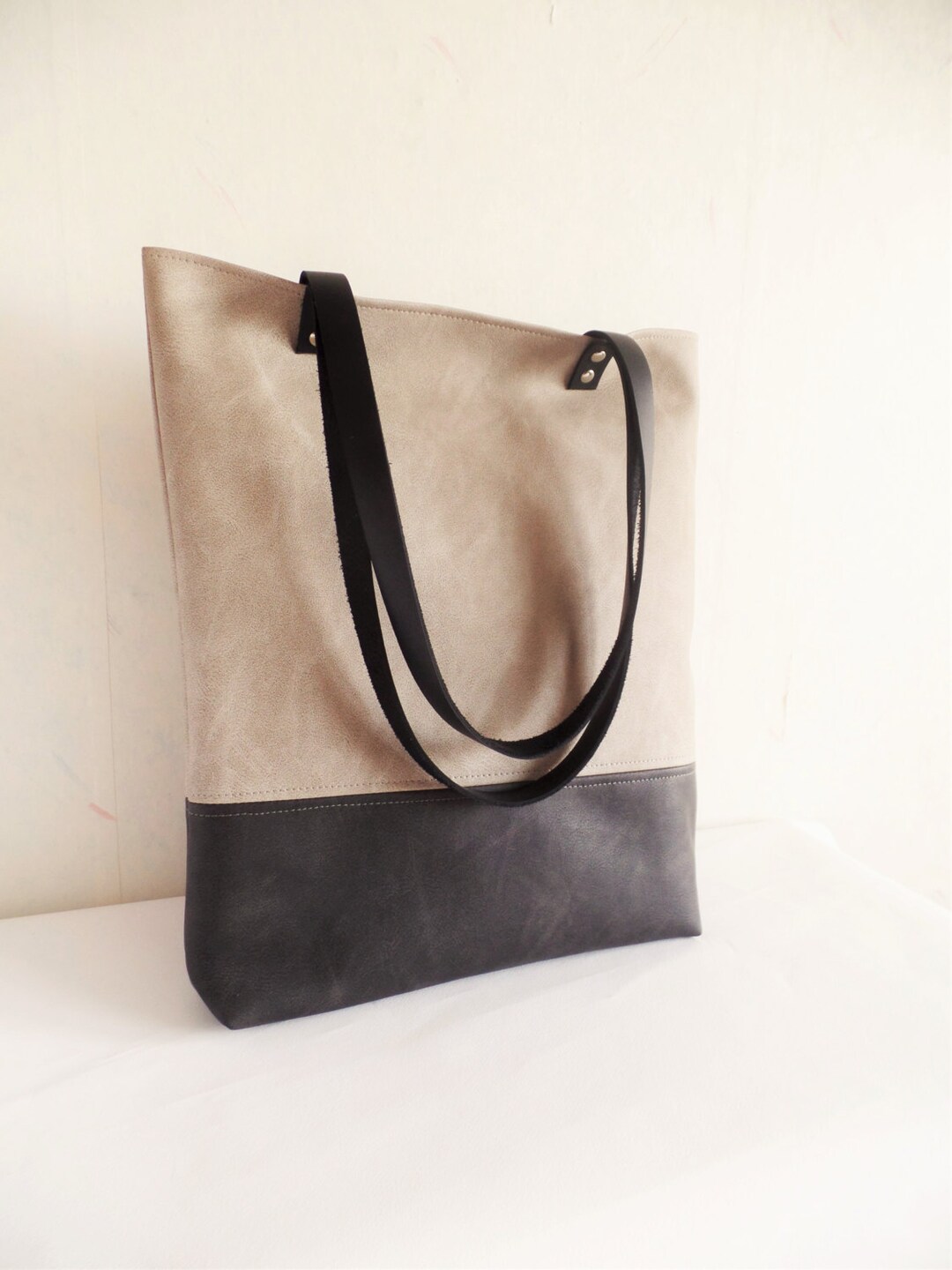 Color Block Vegan Leather Tote Bag: Large Gray Carry All - Etsy