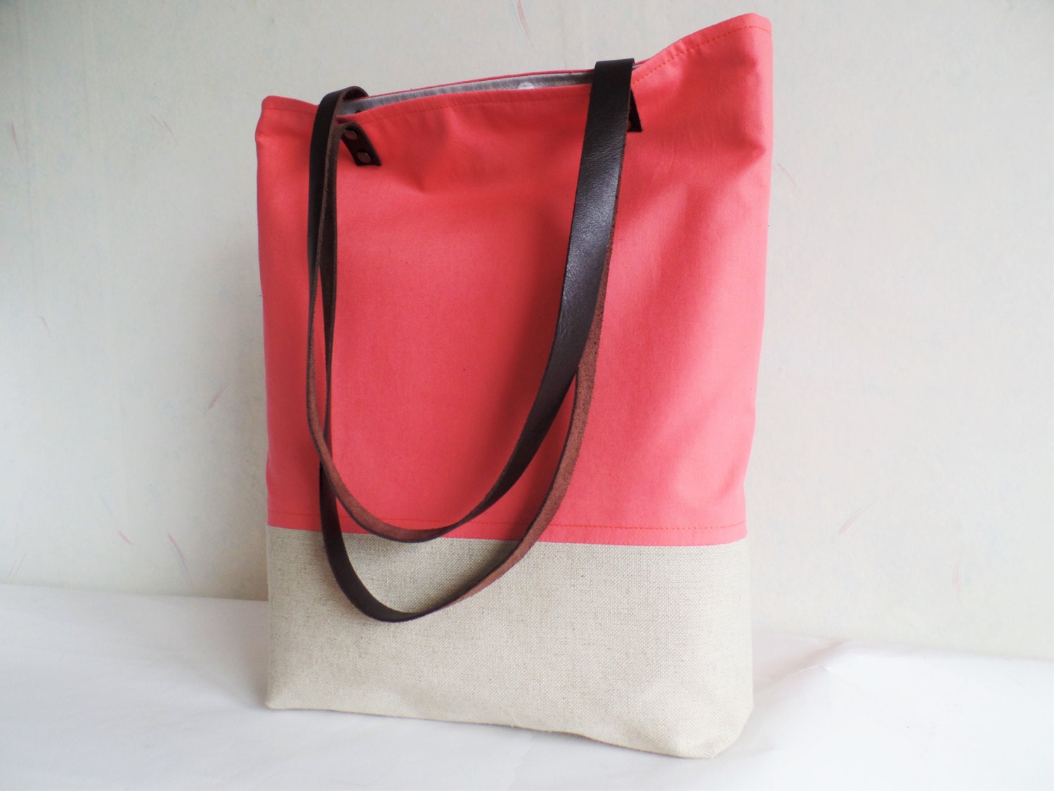 Coral Pink Linen Tote Bag: Leather Handles, Color Block Beach Bag - Etsy