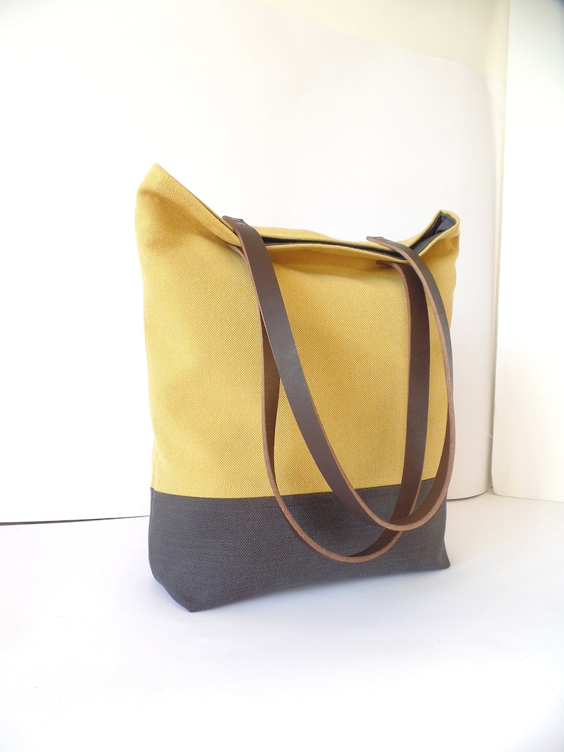 Color Block Cotton Tote Bag: Mustard Yellow & Charcoal Gray, Leather ...