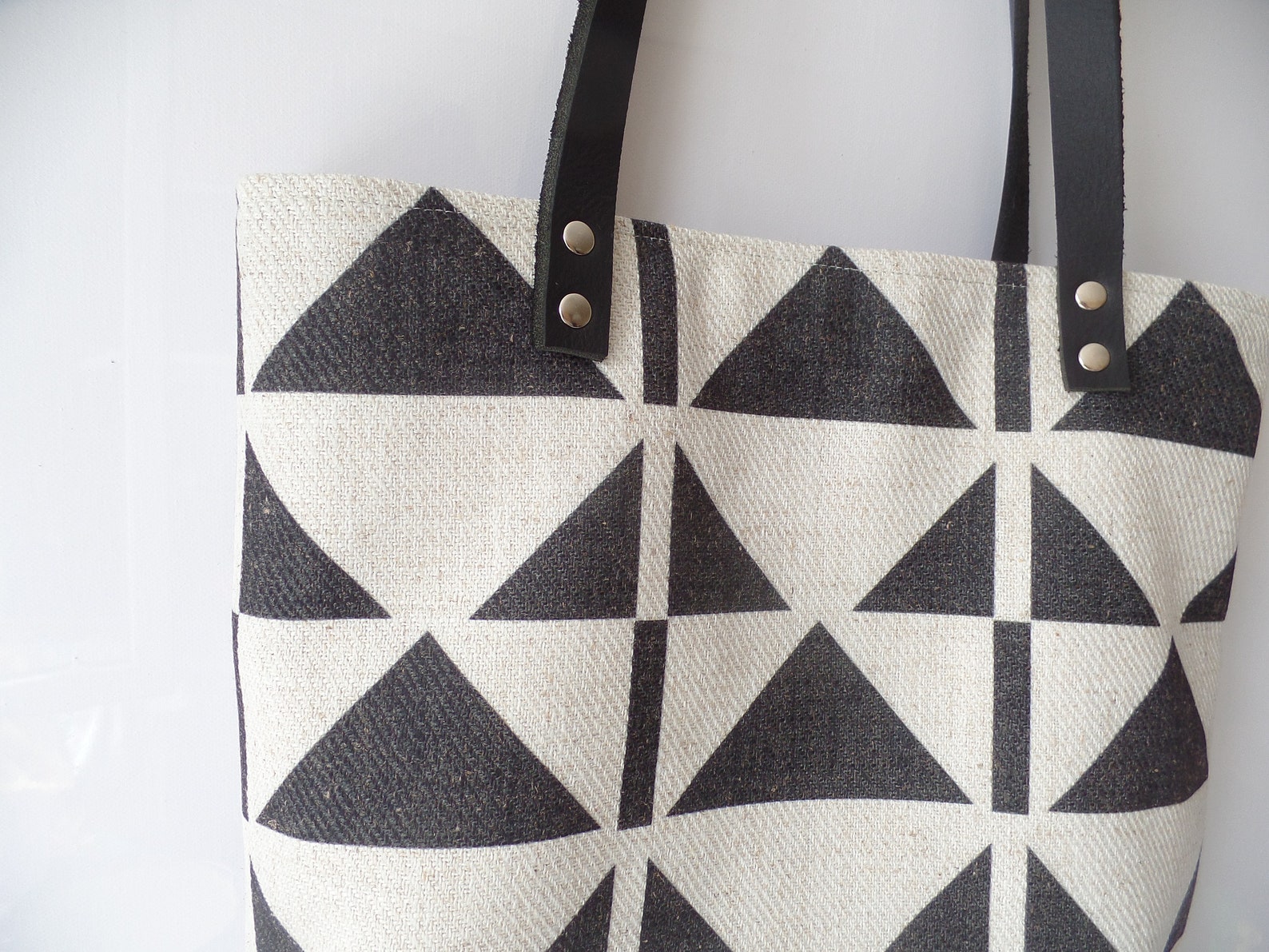 Geometry Print Tote Bag Vegan Leather and Woven Cotton Bag | Etsy