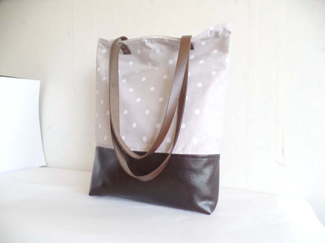 Polka dot tote bag leather and canvas tote sandy beige tote | Etsy