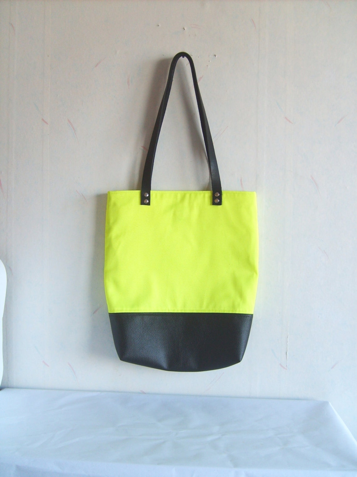 Neon Yellow Tote Bag Real Leather Handles Leather and Canvas - Etsy