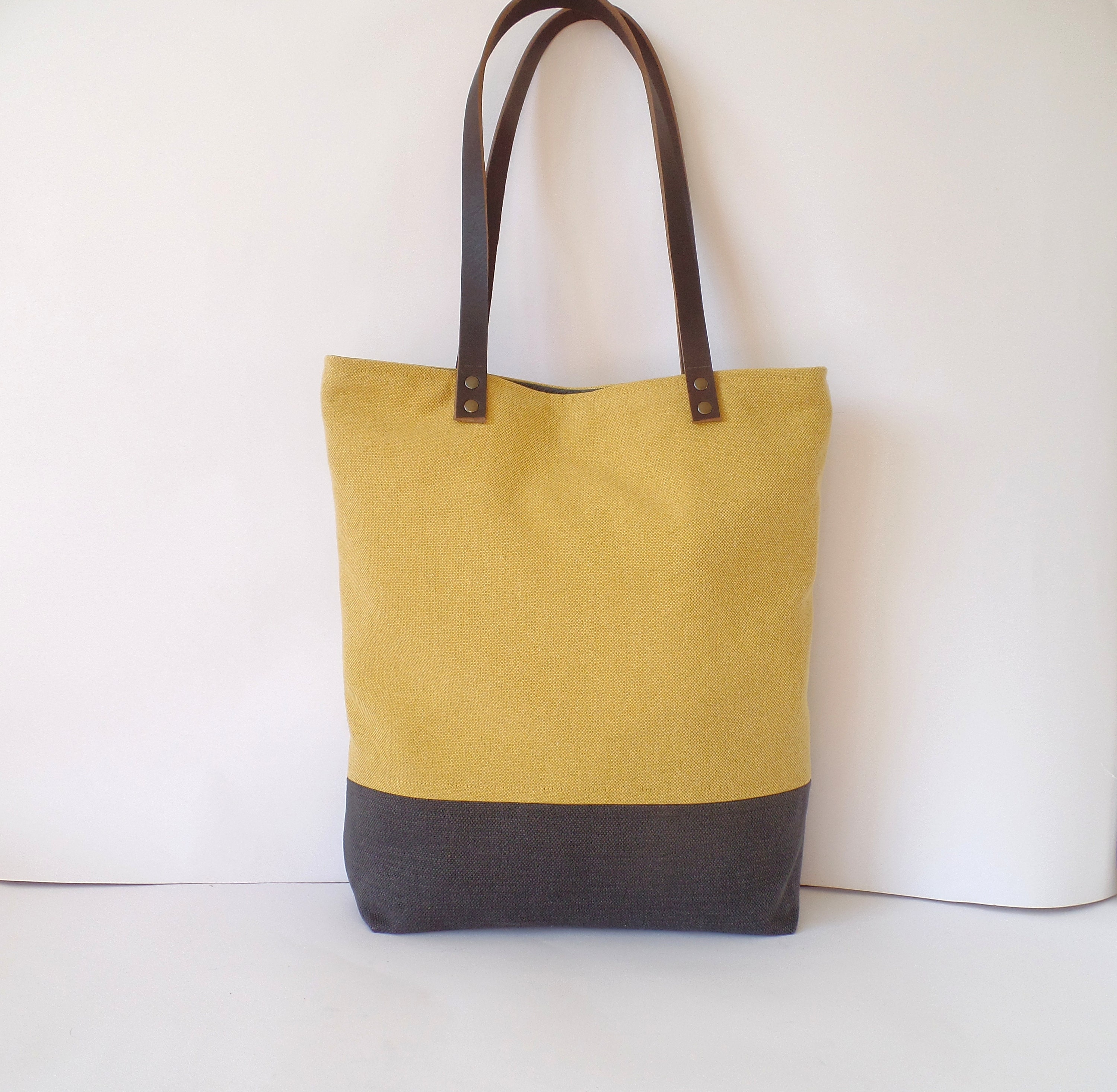 Color Block Cotton Tote Bag: Mustard Yellow & Charcoal Gray, Leather ...
