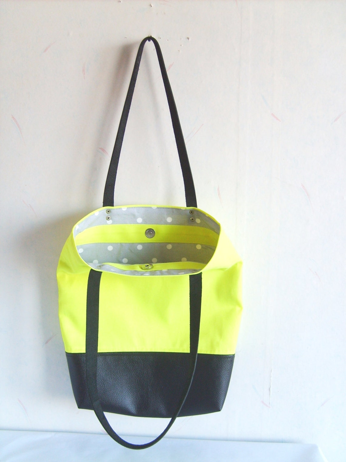 Neon Yellow Tote Bag Real Leather Handles Leather and Canvas - Etsy