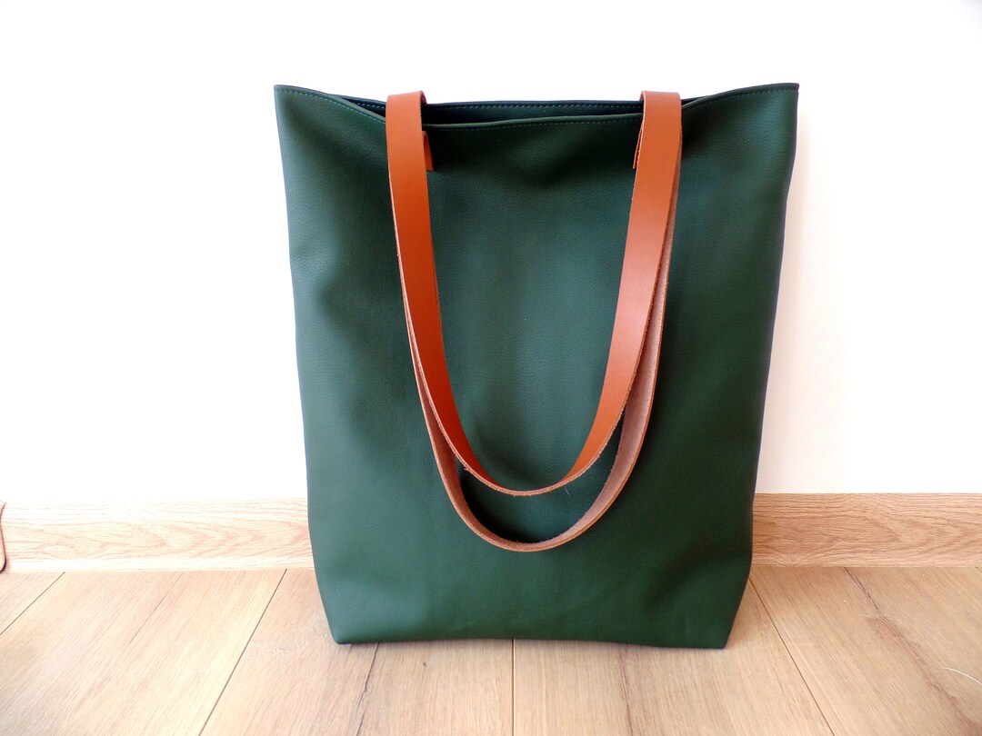 Green Vegan Leather Tote Bag: Large Everyday Purse With Leather Handles ...