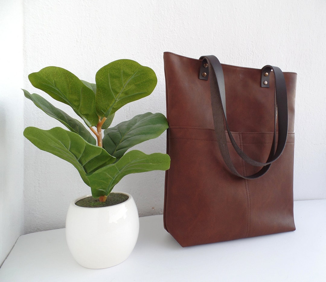 Exterior Pocket Vegan Leather Tote Bag, Leather Shoulder Bag With Two ...